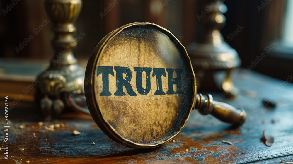 Vintage magnifying glass lying on rough surface focusing on the word ...