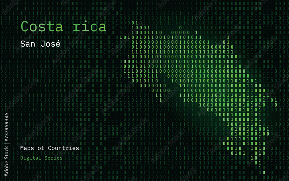 Costa Rica Map Shown in Binary Code Pattern. Matrix numbers, zero, one ...