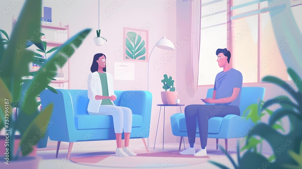 Stylized animated characters engaged in a therapy session in a ...