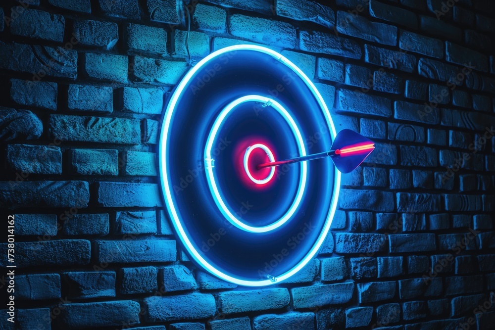 Blue neon light target, business concept, brick wall background. Stock ...