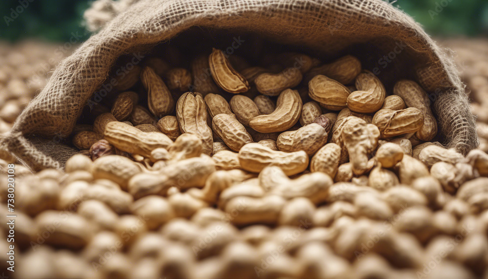 Peanuts in jute sack bag, background is peanut farm, roasted peanuts ...