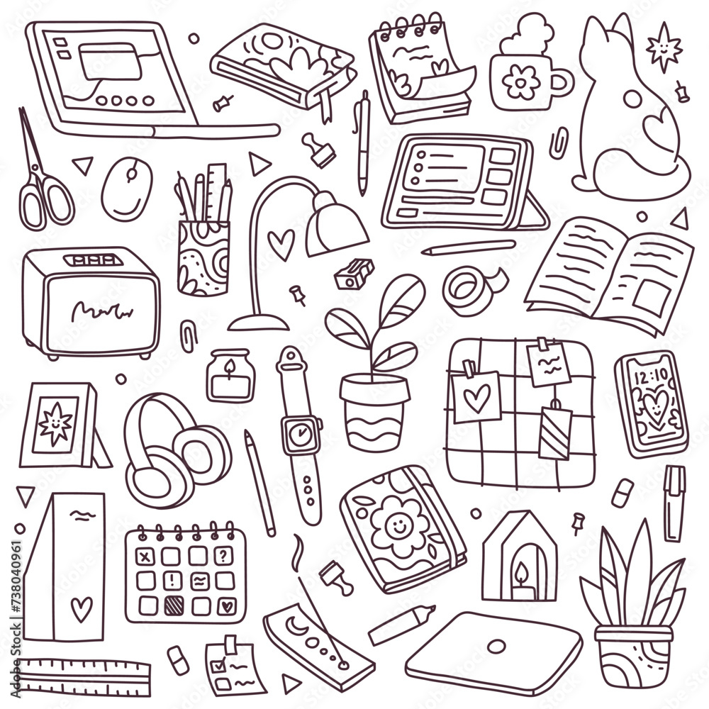 Desktop doodle set. Doodle design style, hand drawn cartoon elements ...