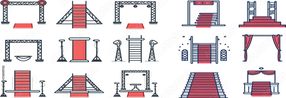 Podiums, stages flat line icons set. Event equipment vector ...