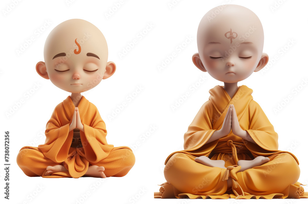 3D Monks in Meditation Cartoon Style Set Isolated on Transparent or ...