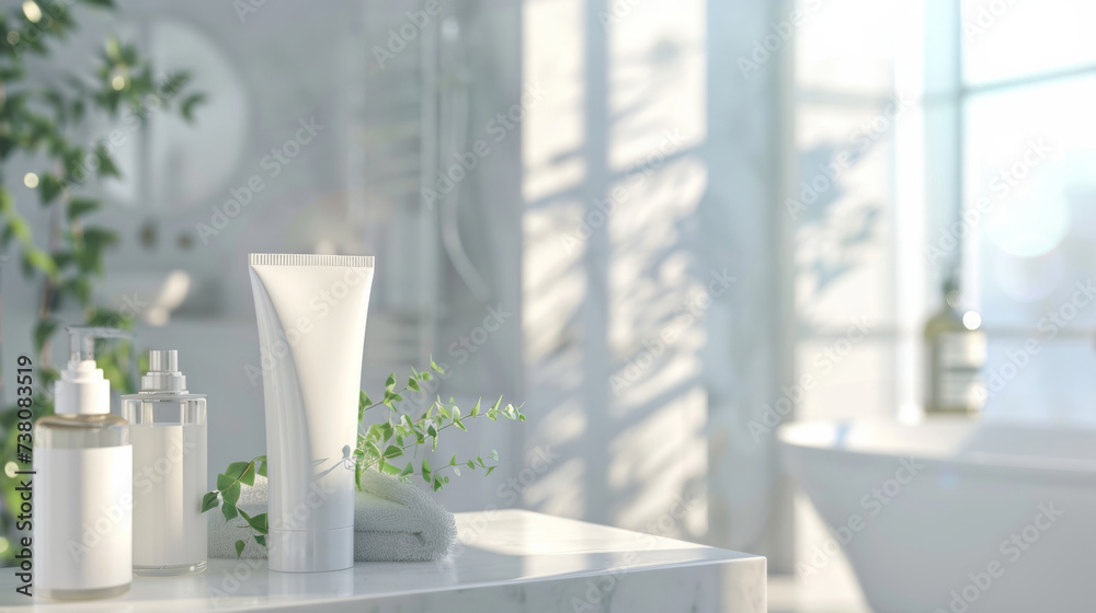 Mockup: White moisturizing face wash tube in bathroom room interior ...