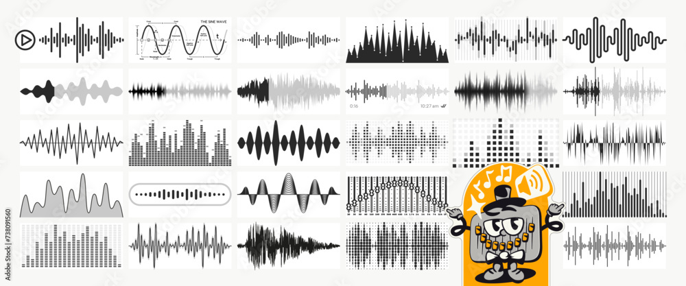 Sound waves. Audio waveform shapes, digital soundwave and music ...