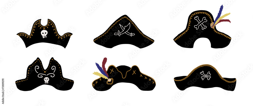 Set of pirate hats. Hand drawn pirate party themed vector element set ...
