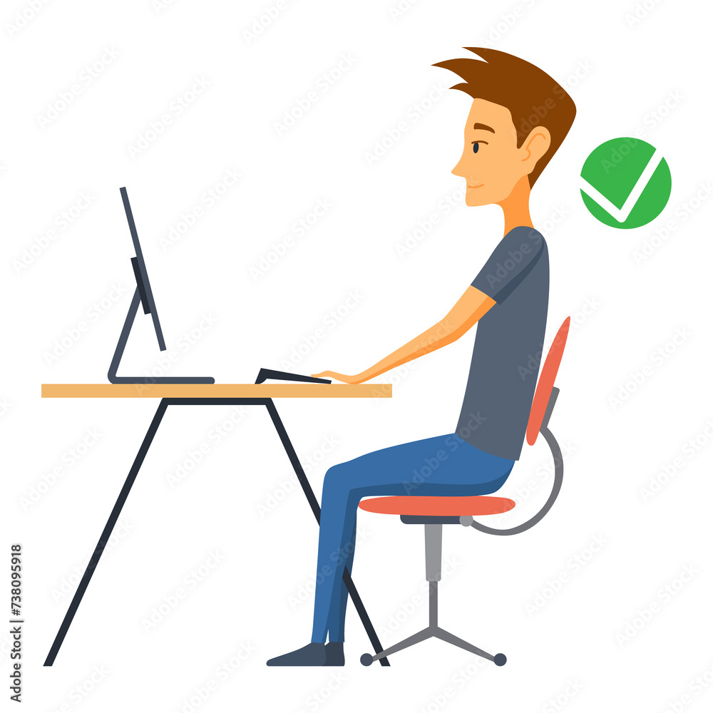 Correct body alignment in sitting working with computer. Wrong posture ...