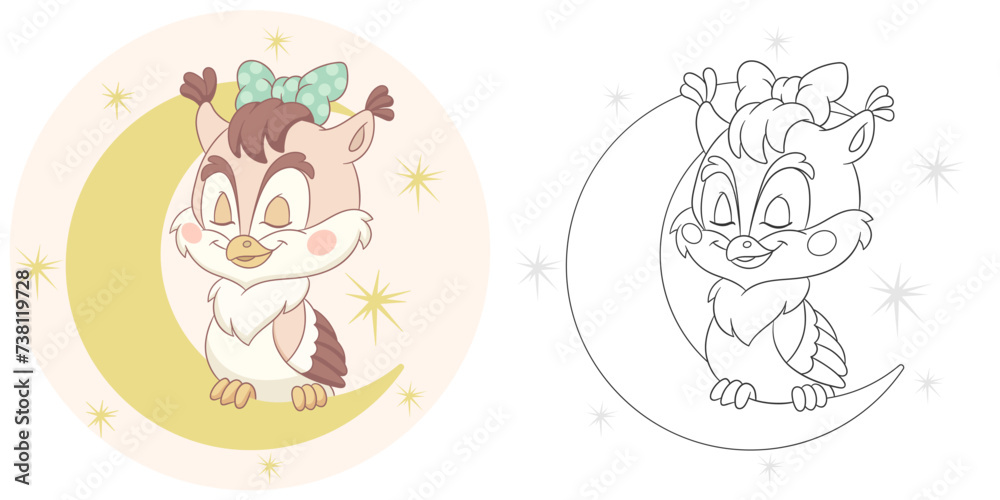 Owl sleeping on a crescent moon. Cute baby animal character. Set with a ...