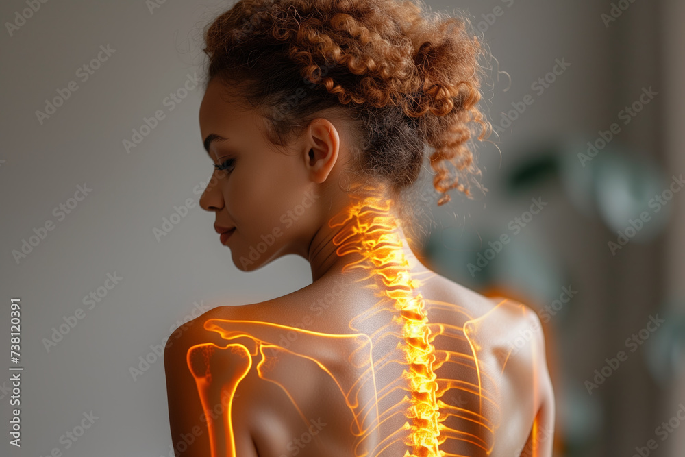 Hernia of the cervical spine, neck pain, woman suffering from backache ...