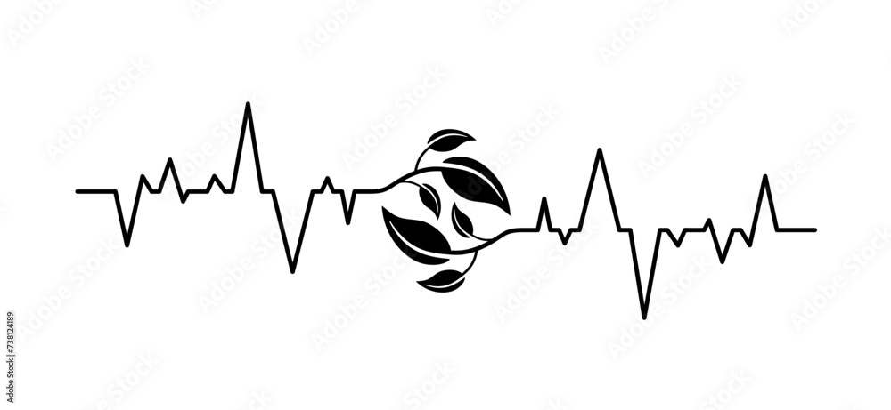 Cartoon heartbeat line pulse, wave with leaves. Heart cardiogram ...