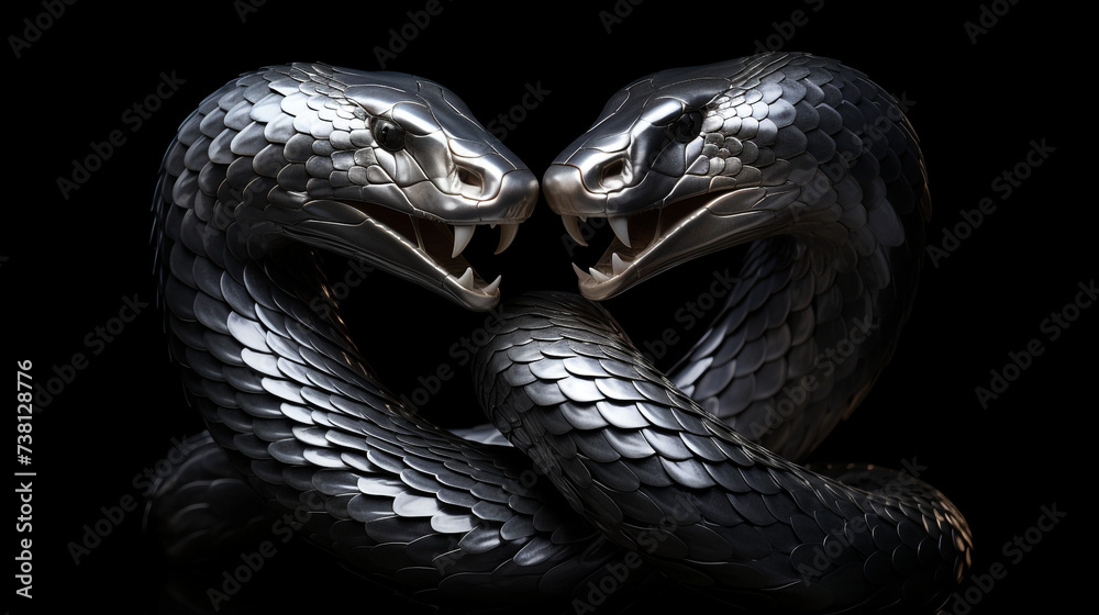 a 3d render of a silver render of two cobra's intertwined sticking ...
