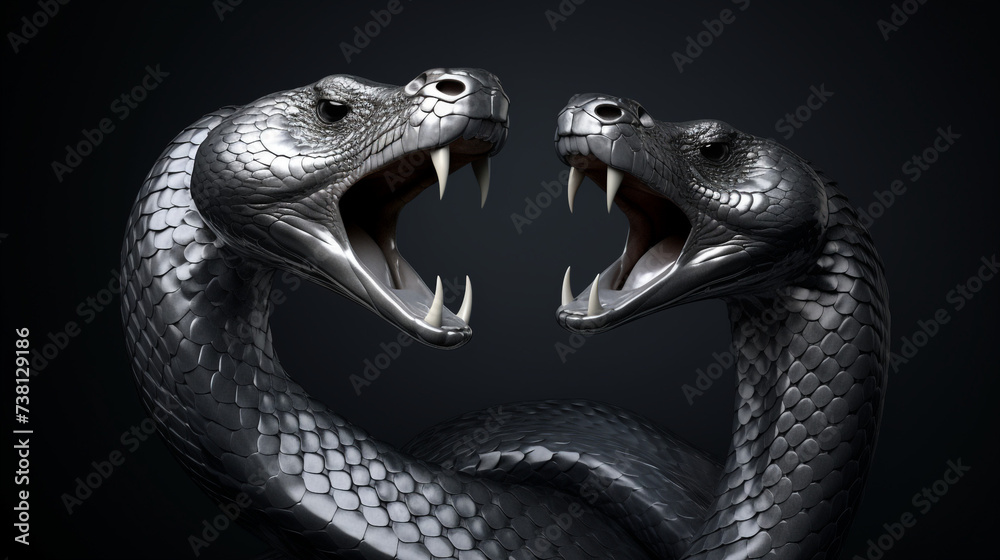 a 3d render of a silver render of two cobra's intertwined sticking ...