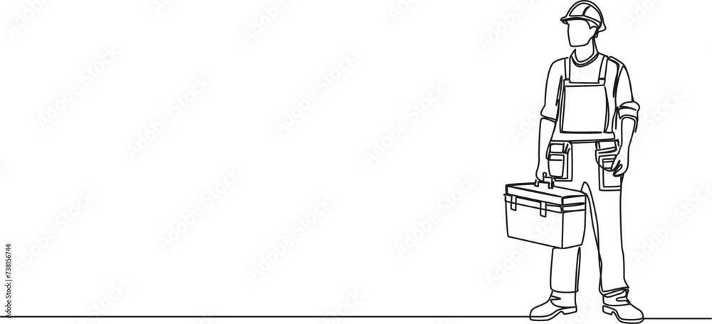 continuous single line drawing of construction worker carrying toolbox ...