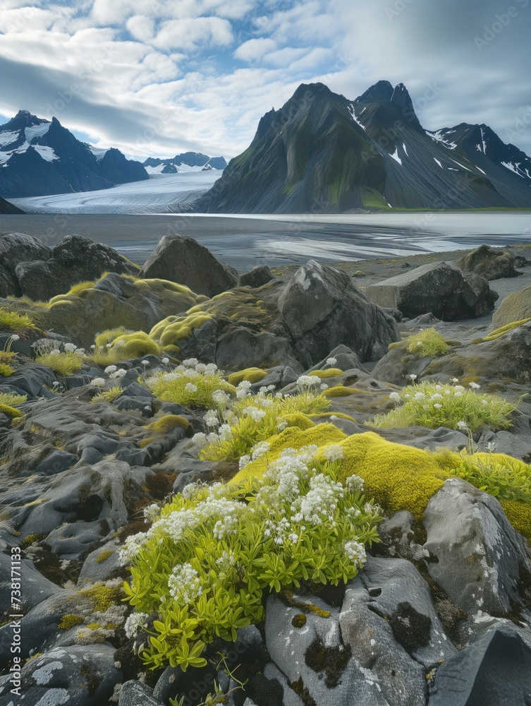 Amidst the harsh and rugged tundra, snow-capped peaks stand tall ...