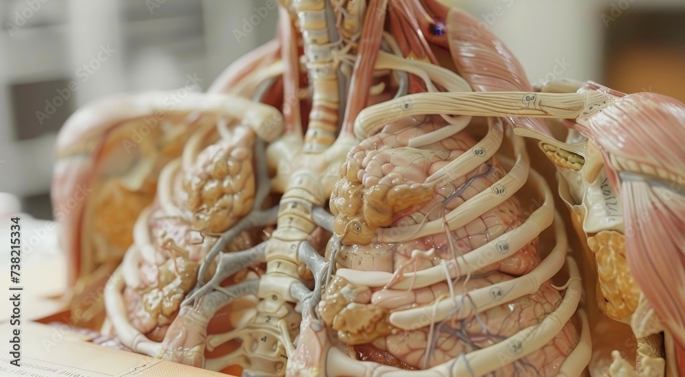 Labeled anatomical model displaying human thoracic organs with focus on ...