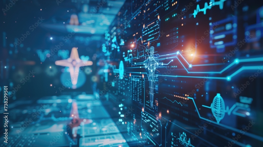 Dark blue digital technology background with glowing electronic wall as ...