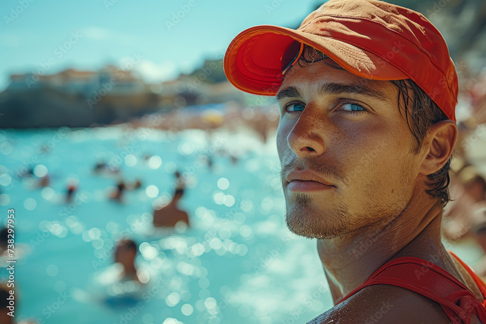 A dedicated lifeguard watching over a crowded beach, ensuring swimmers ...