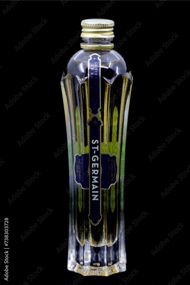 St-Germain liqueur bottle. St-Germain is an elderflower liqueur. It is made using the petals of ...