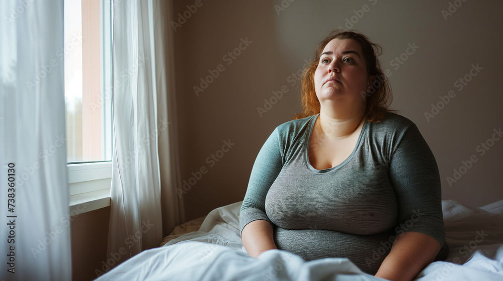 Mid aged lonely overweight woman feeling depressed and stressed sitting ...