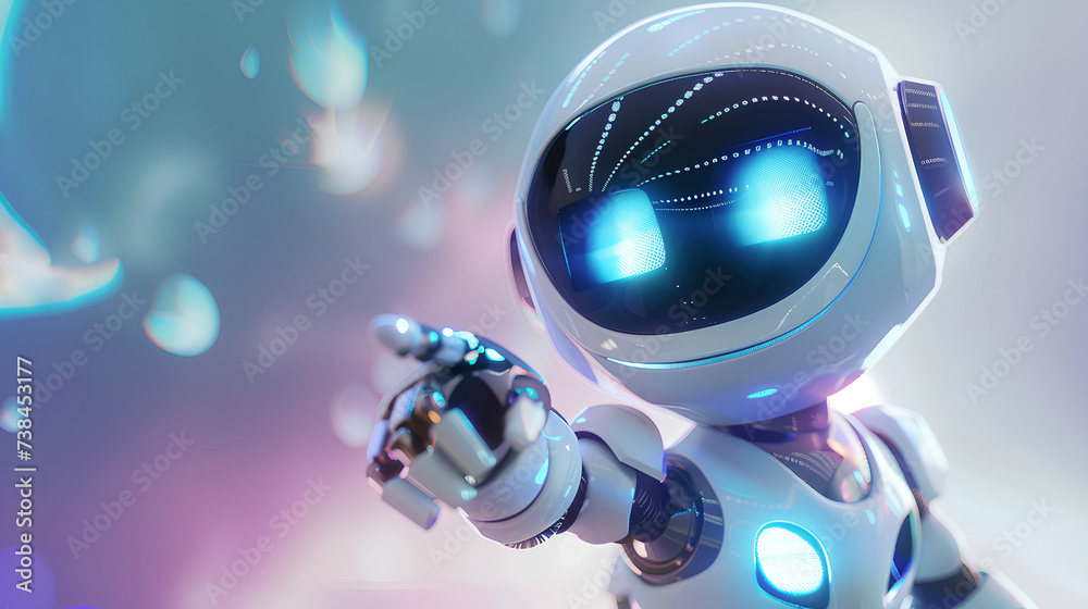 Foto de Stock Positive cute robot pointing at a space. Copy space, ai generated | Adobe Stock
