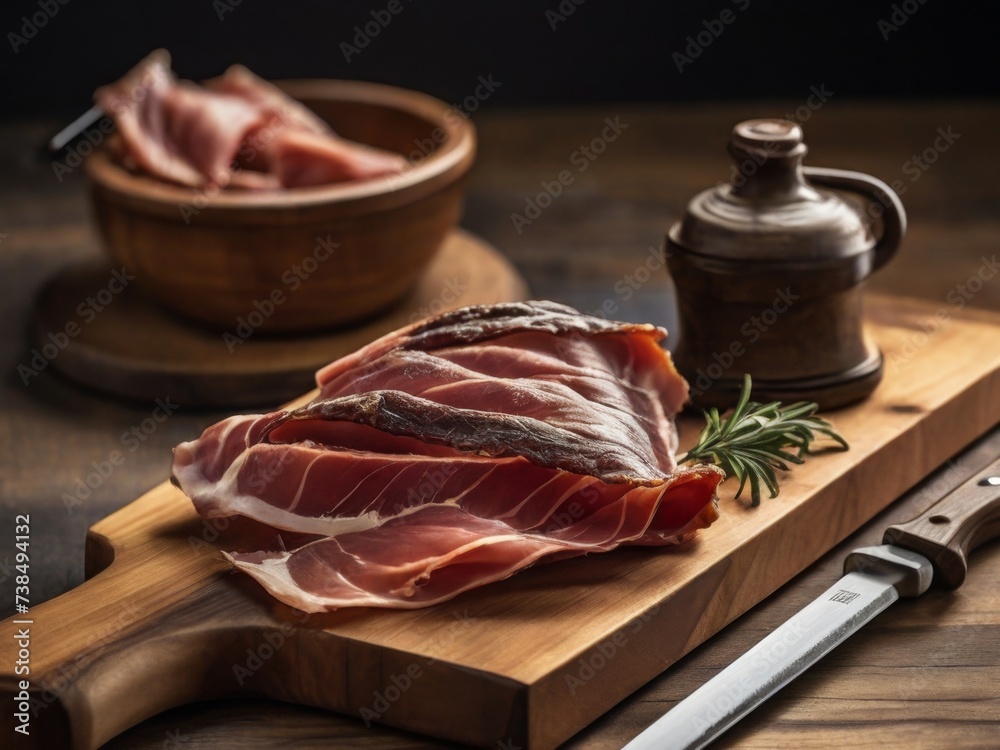 Jamon slices arranged in a fan shape on a serving platter, creating an ...