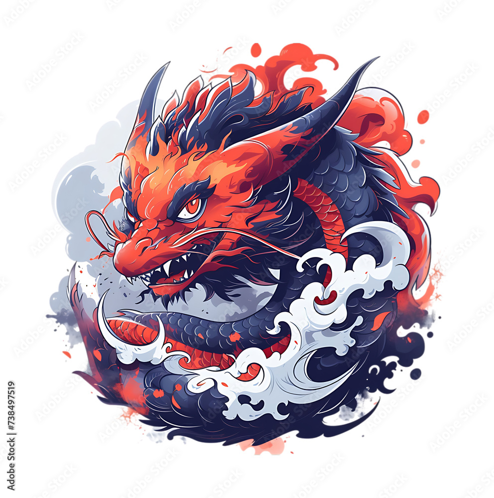 Dragon head with fire and smoke. red dragon logo, on transparent ...
