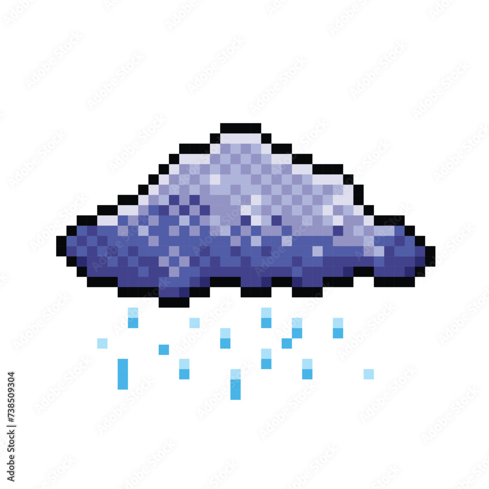 Purplish blue cloud with falling rain water drops. Pixel bit retro game ...