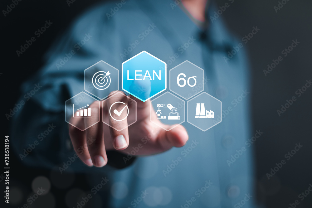 Lean manufacturing and six sigma management. Person touching lean word ...