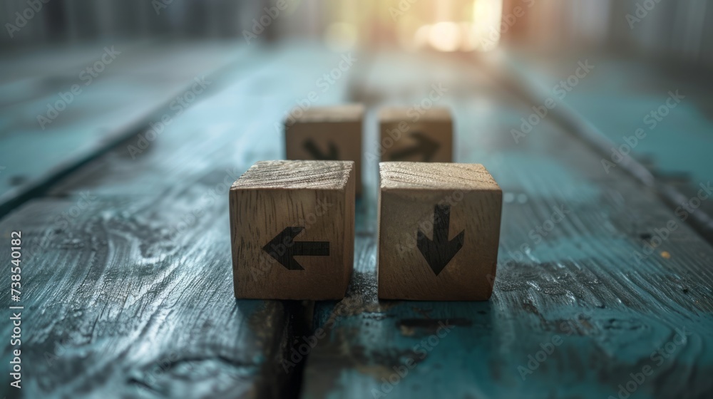 Arrowing symbols on wooden blocks on a table, featuring clean ...