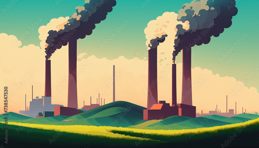 Illustration of factory in nature landscape with big chimney smoke, air ...