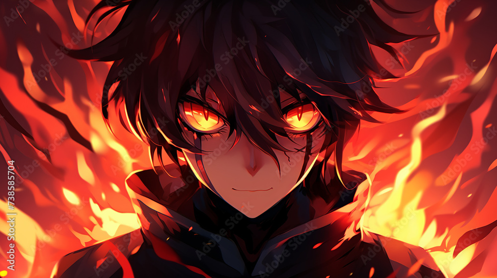 An intense illustration of a Anime style character with glowing red ...