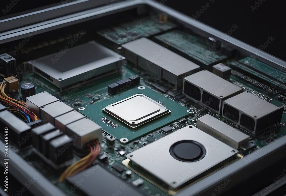 Modern CPU processor installed on a brand new motherboard, object ...