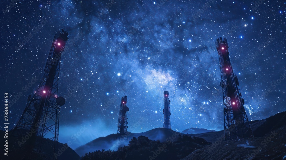 Nighttime showcase of 5G network towers, casting light under the stars ...