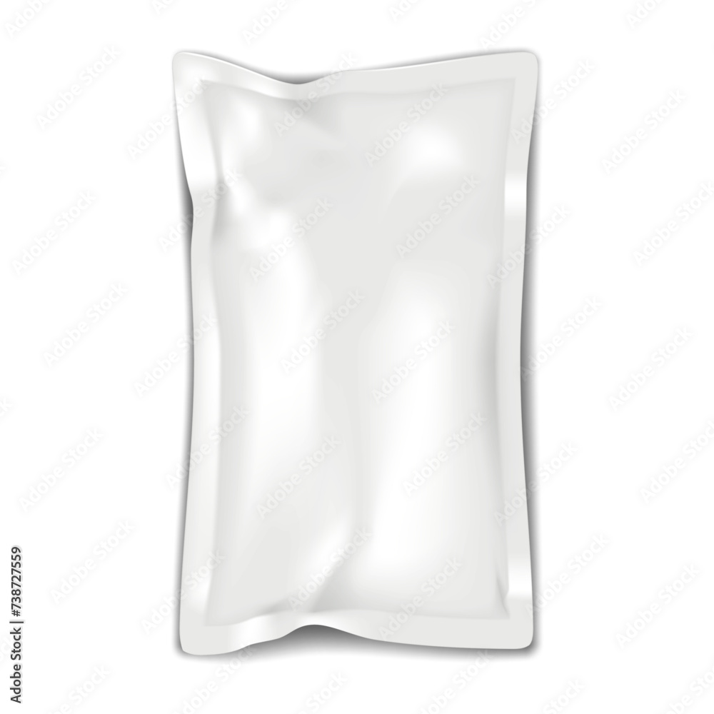Blank white 4 side seal crumpled sachet packet. Realistic vector mock ...