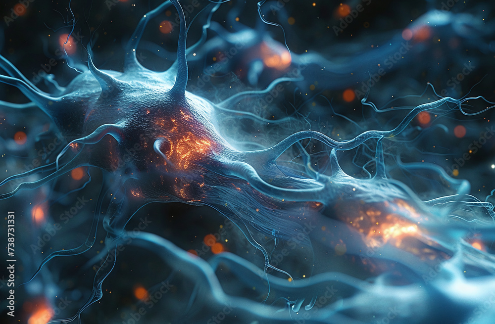 3D illustration of neurons network with electrical pulses, representing ...