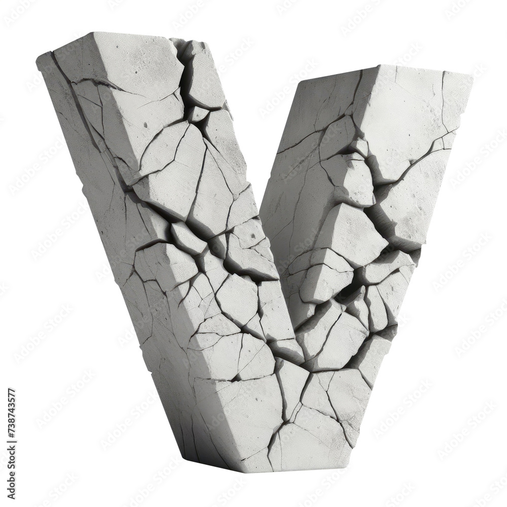 Letter V. Cracked apocalyptic letter. 3D concrete old cracked alphabet ...