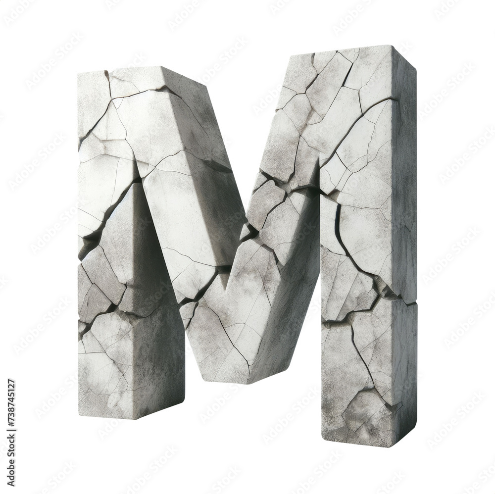 Letter M. Cracked apocalyptic letter. 3D concrete old cracked alphabet ...