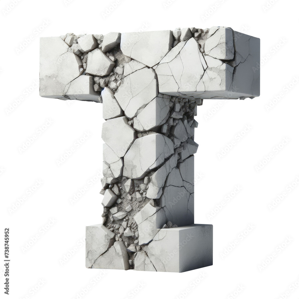 Letter T. Cracked apocalyptic letter. 3D concrete old cracked alphabet ...