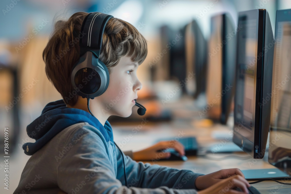 A young boy sits indoors, fully immersed in his computer screen and the ...