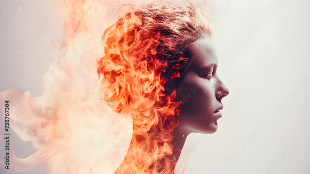 Fire in the head. Double face exposure side profile of a young woman ...