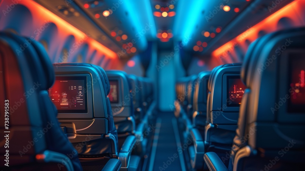 An airplane cabin at night with illuminated seatback screens and ...