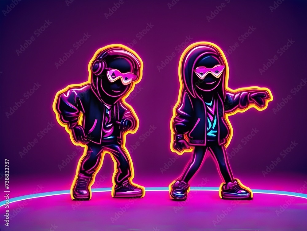 Cute couple dance on neon background. Stickman character doing a hip ...