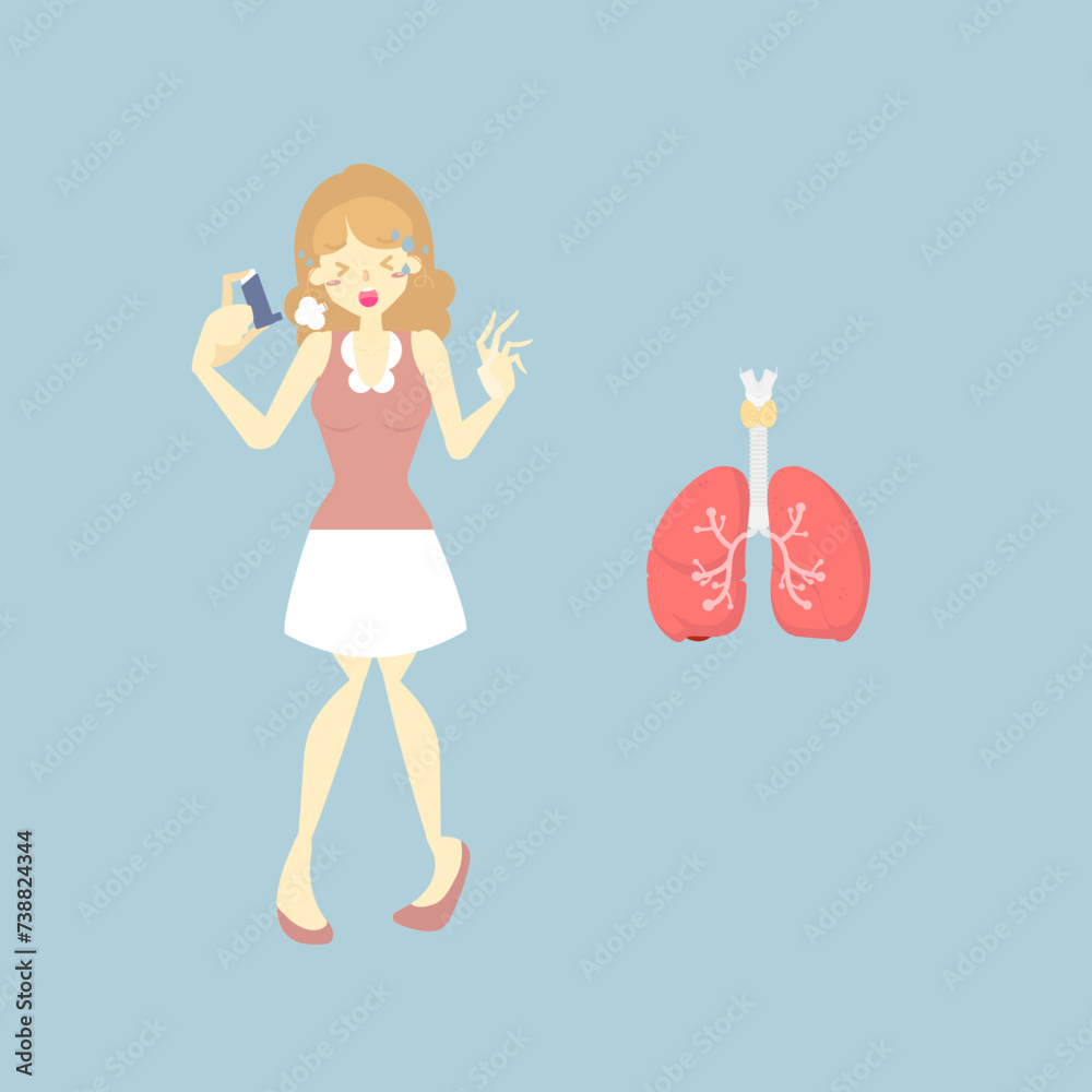 Woman with bronchodilator(asthma inhaler) and lungs, internal organs ...