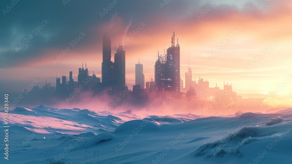 Cold winter sunrise with heavy snow of a futuristic city with modern ...