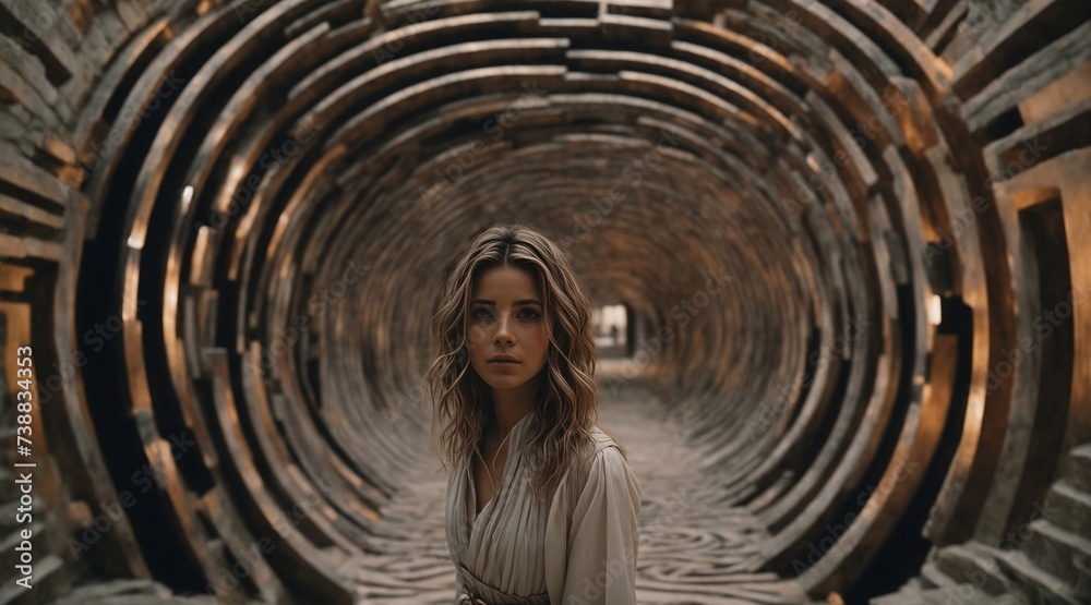 Beautiful woman in a long labyrinth tunnel. Modern dystopian art of ...