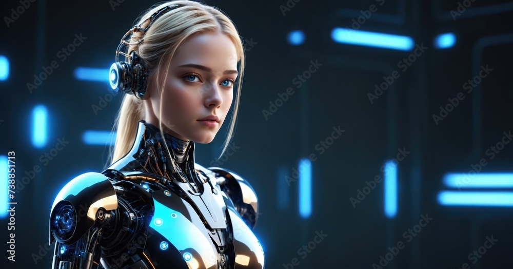 Abstract Cyborg girl on the blurred sci-fi background. Girl robot ...