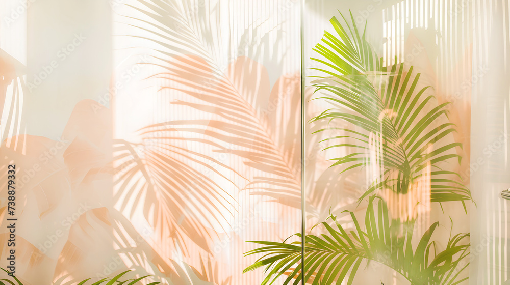 Tropical palm leaves on Clear reeded shower screen of Fluted Glass with ...