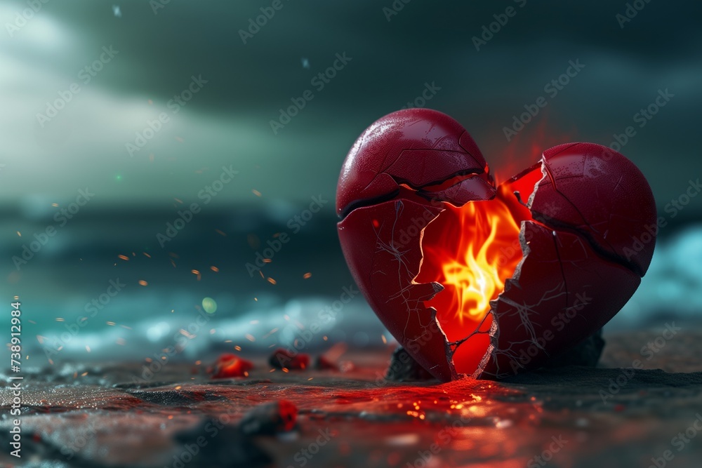Photo Stock A red heart cracked in half, with intense fire blazing from ...