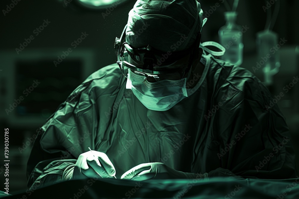 Surgeon immersed in a crucial procedure, green scrubs and headgear in ...